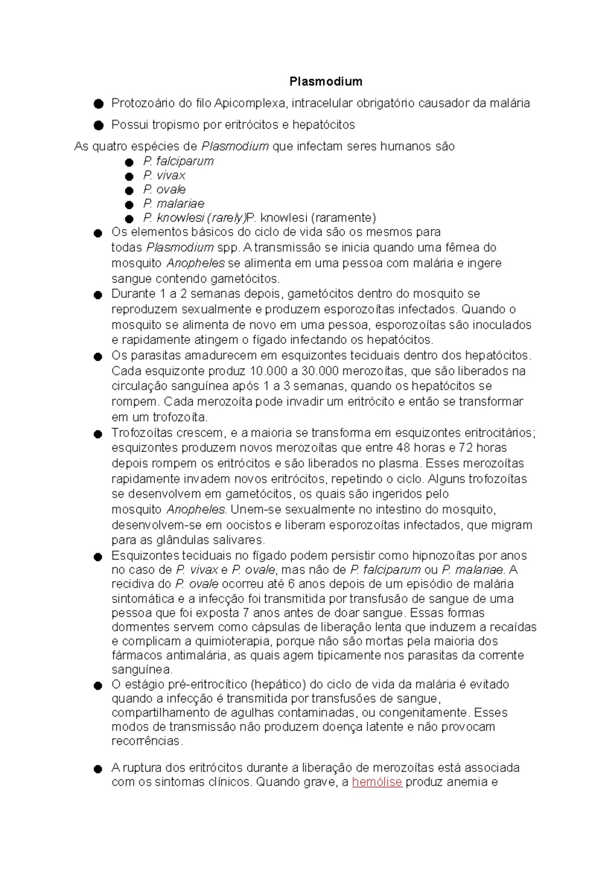 Plasmodium - Apontamentos 1-2 - Plasmodium Protozoário do filo ...