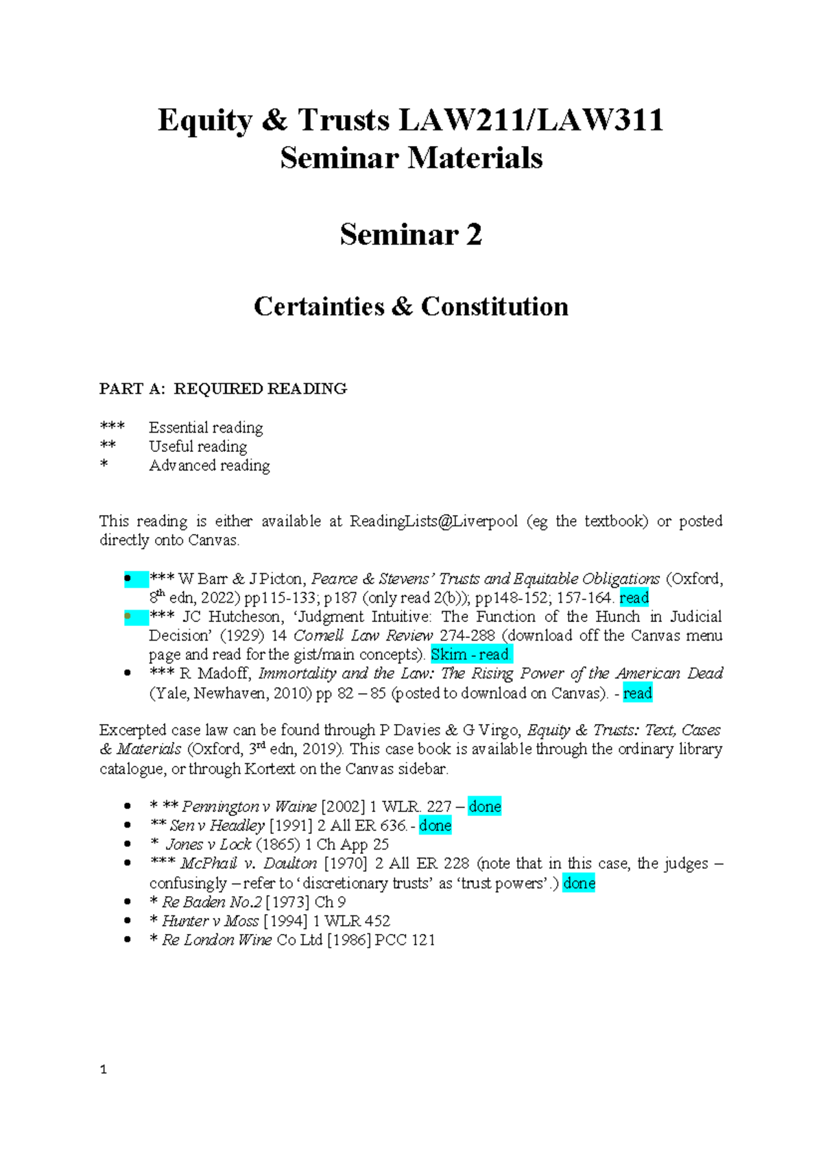 Certainties & Constitution -Seminar 2 - Equity & Trusts LAW211/LAW Seminar Materials Seminar 2 ...