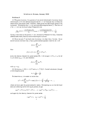 Com An 2Hand In 1Ex1 - Complex Analysis 2, Hand-In A, Exercise 1 - Complex Analysis 2 Hand-in A ...
