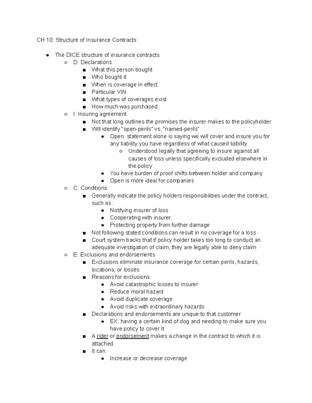 RMI 320- WEEK 6 - structure of insurance contracts - CH 10: Structure ...