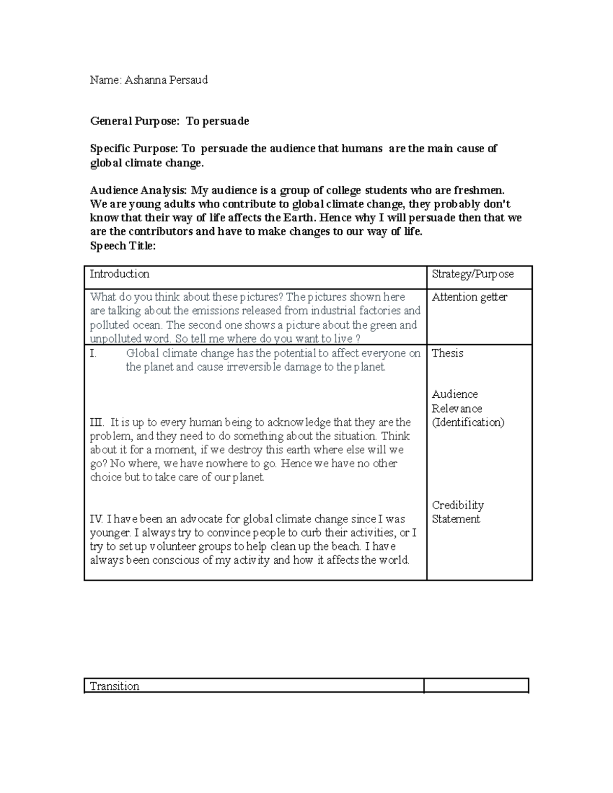 SPE 100 - Full sentence preparation outline. -6 - Name: Ashanna Persaud ...
