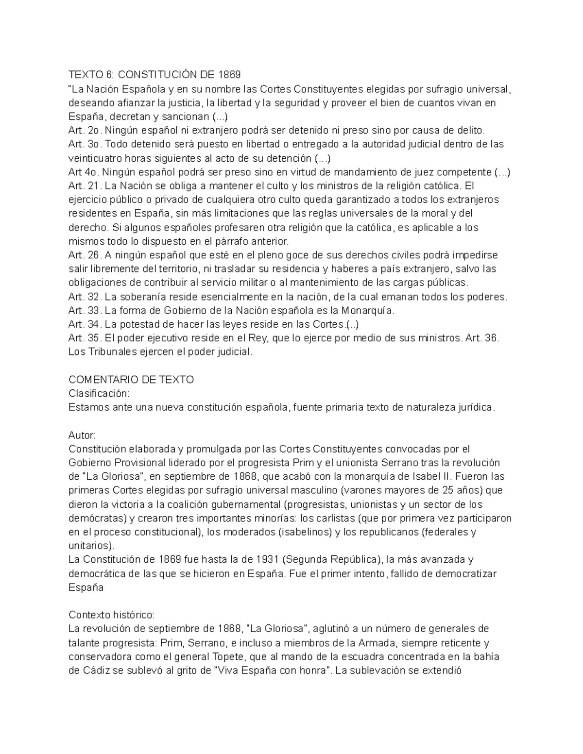 Comentario de texto “la constitucion de 1869” - TEXTO 6: CONSTITUCIÓN ...