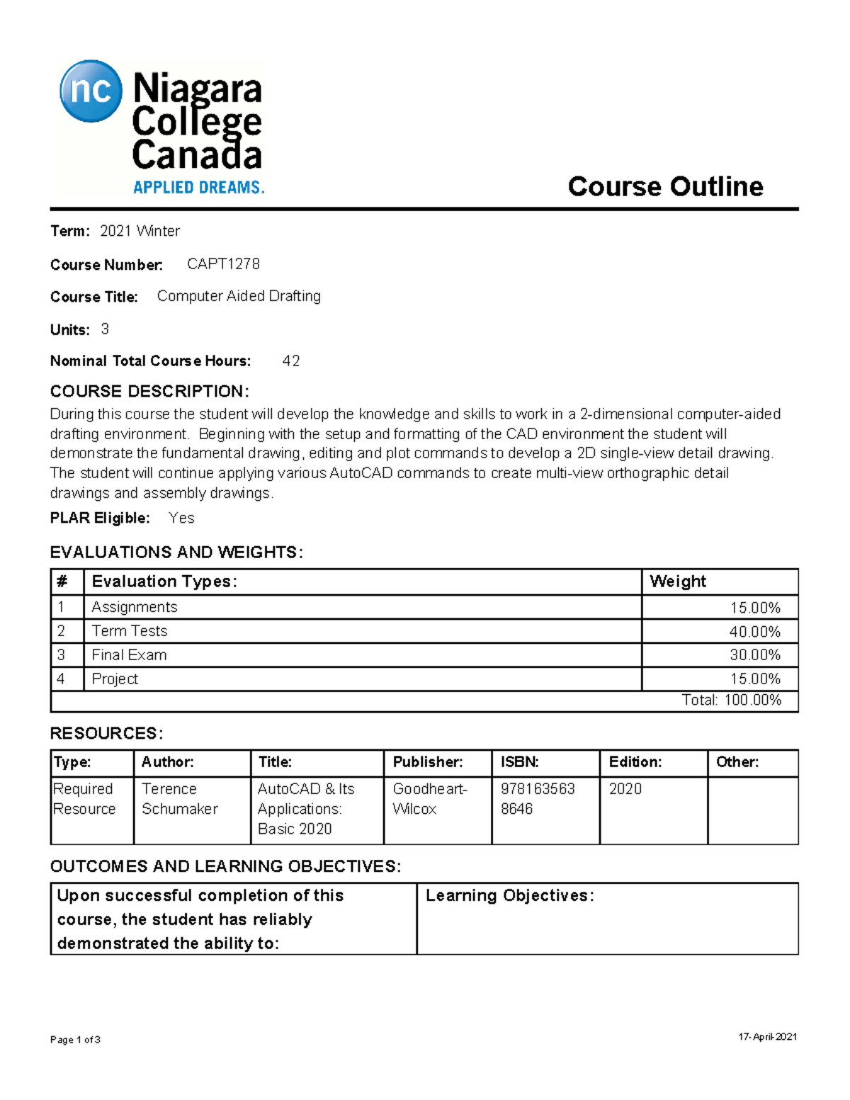 Course Outline 1211 CAPT1278 - Course Outline Course Title: Computer ...
