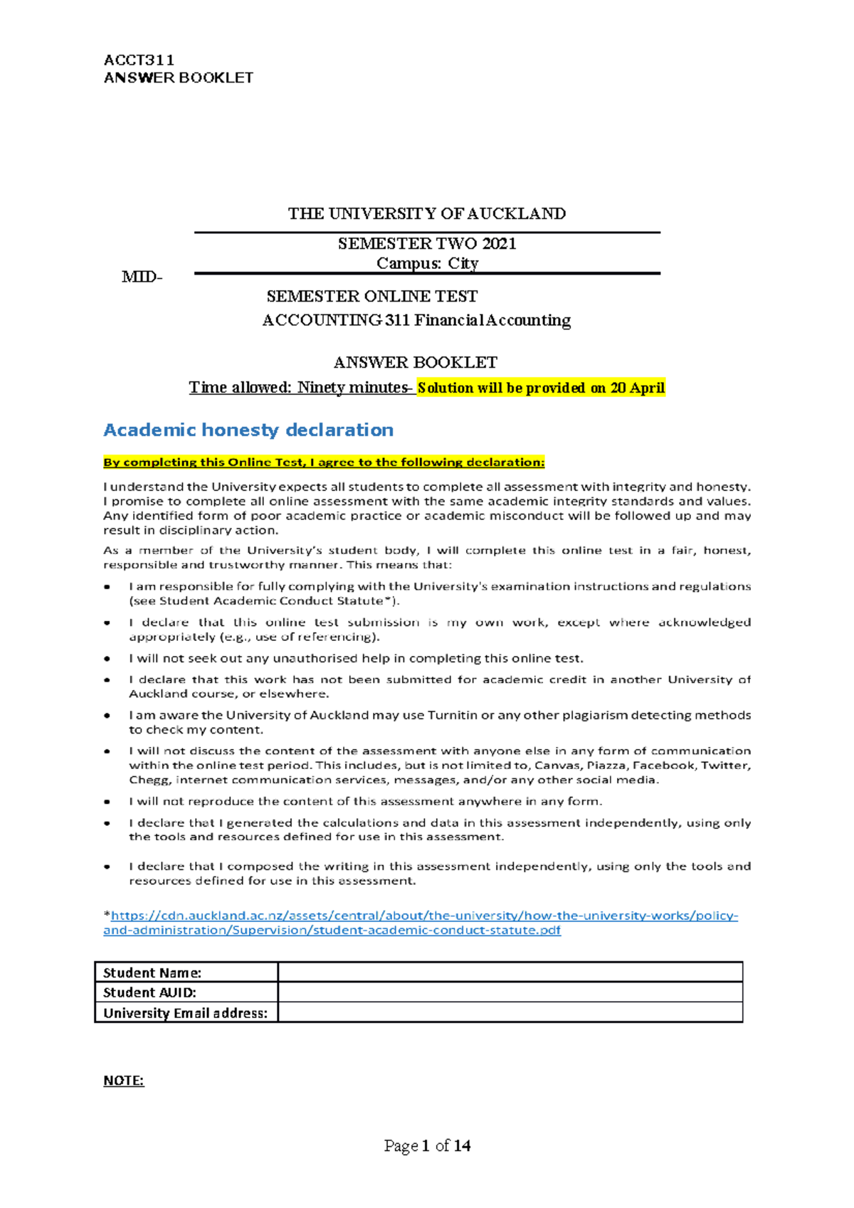 S2 2021 Answer booklet - ACCT ANSWER BOOKLET THE UNIVERSITY OF AUCKLAND ...