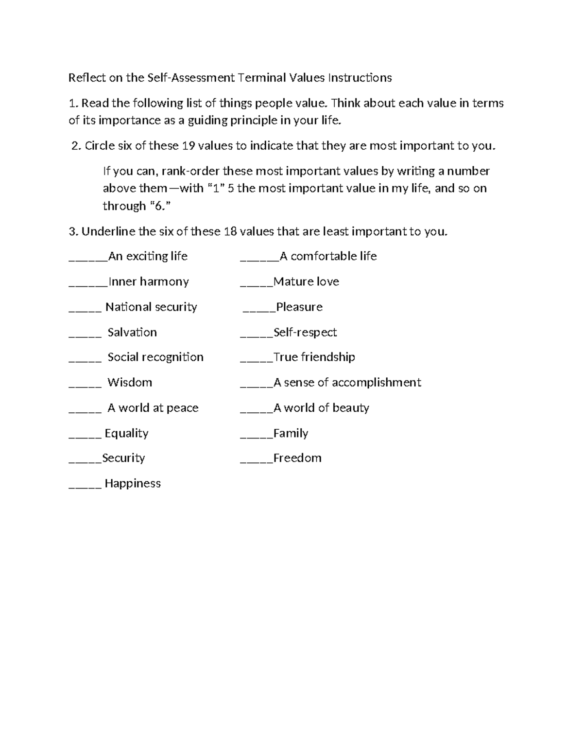 Self Test Ethics - Reflect on the Self-Assessment Terminal Values ...