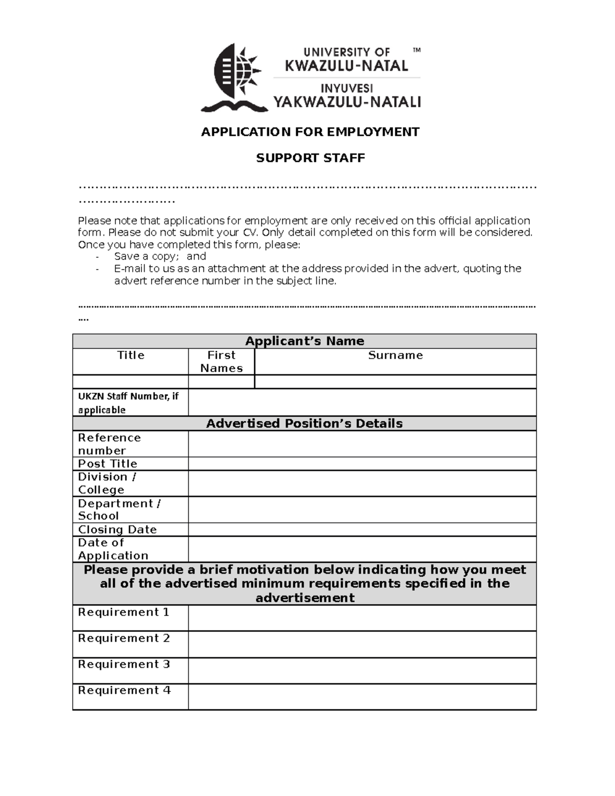 Application form - Support - APPLICATION FOR EMPLOYMENT SUPPORT STAFF ...