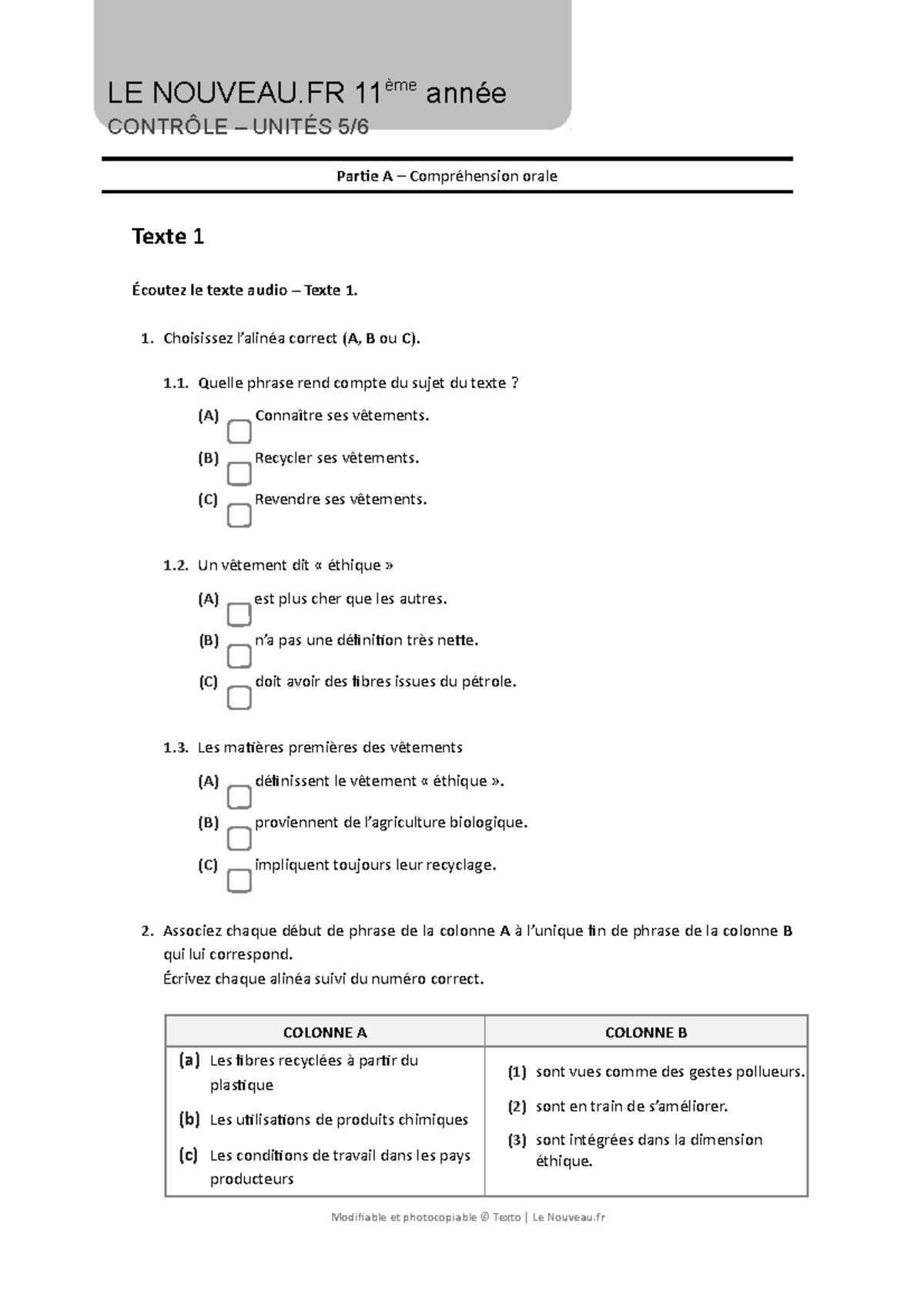 LE Nouveau Teste - Partie A – Compréhension orale Texte 1 Écoutez le ...