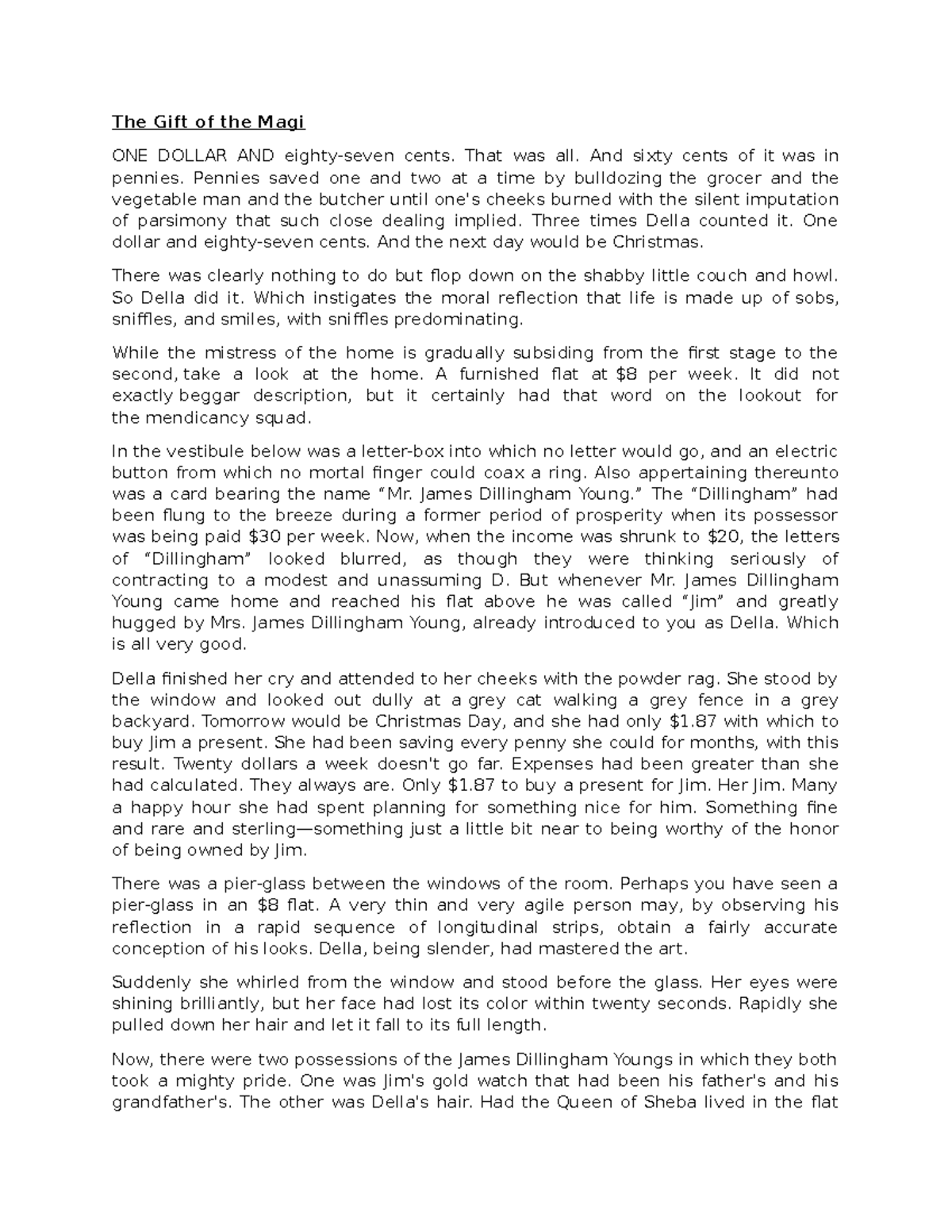 The Gift of the Magi - essay about work and poverty - The Gift of the ...