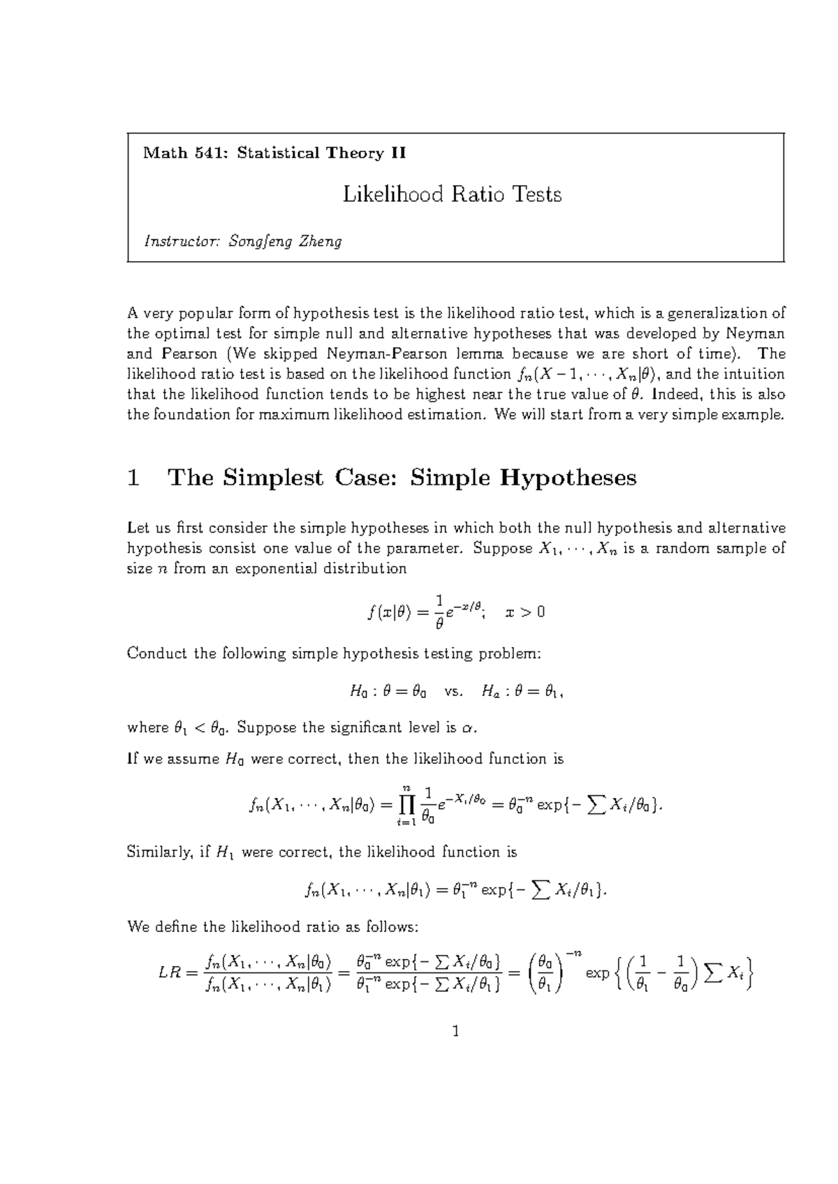LRT - Test of hypothesis - Math 541: Statistical Theory II Likelihood ...