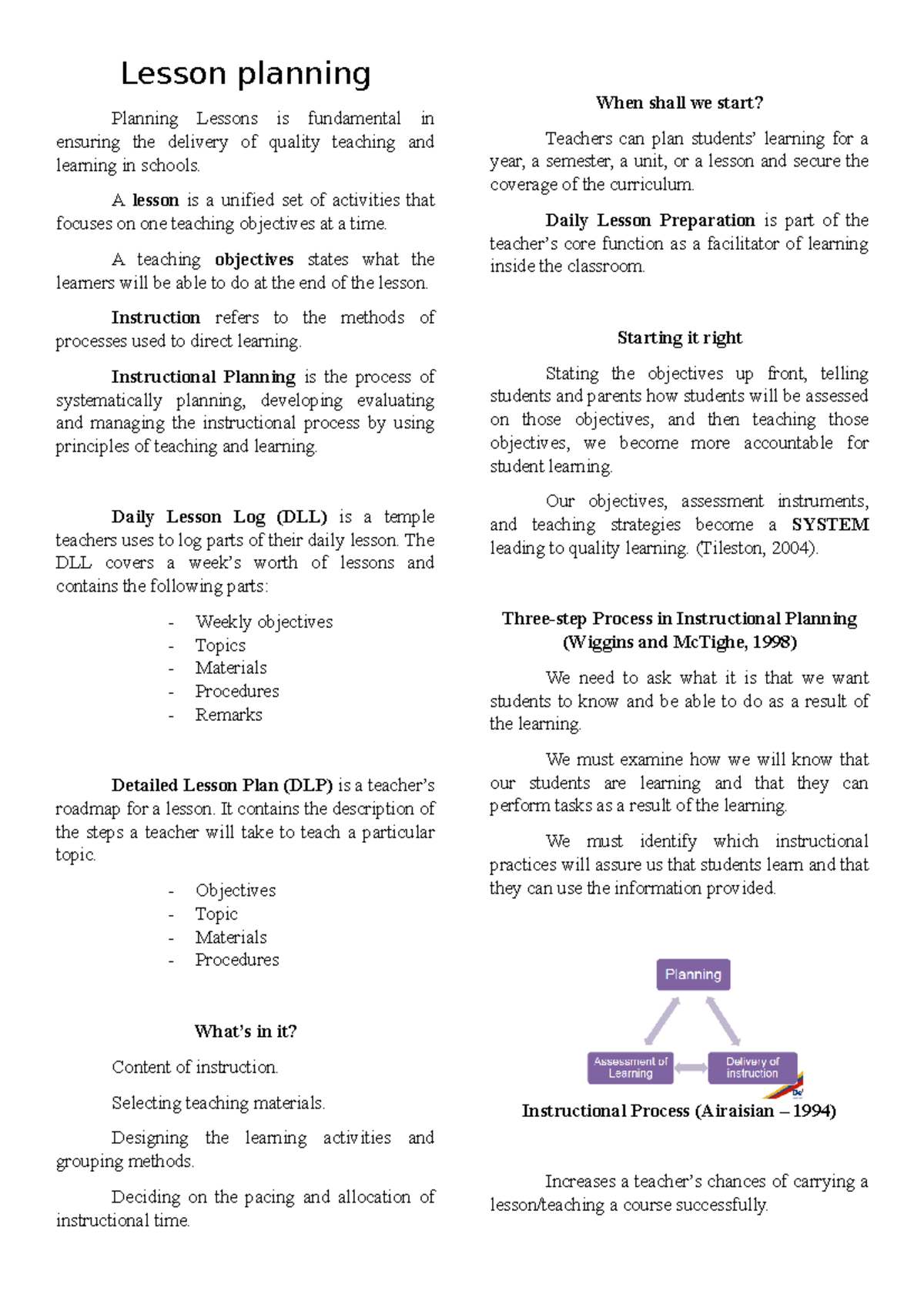 Lecture Lesson planning - Lesson planning Planning Lessons is ...