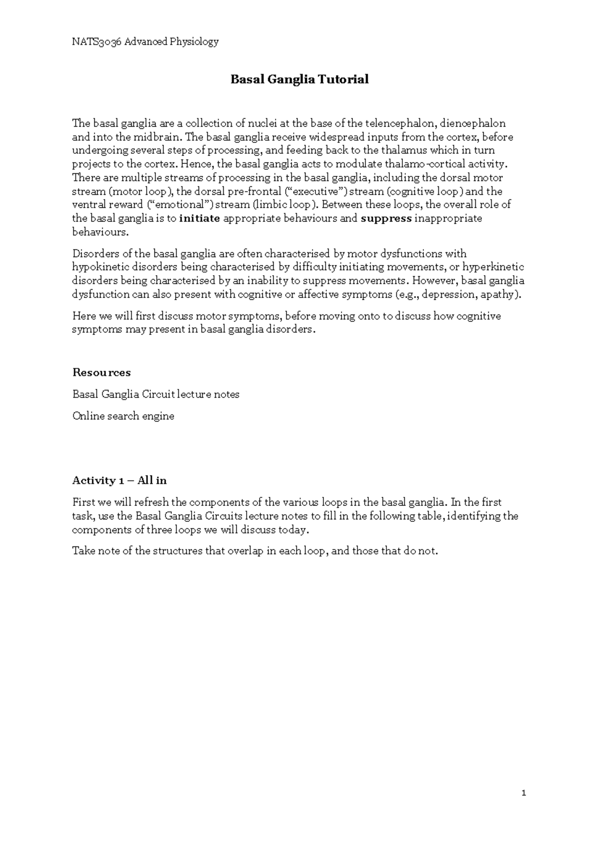 Basal Ganglia Tutorial Worksheet - Basal Ganglia Tutorial The basal ...