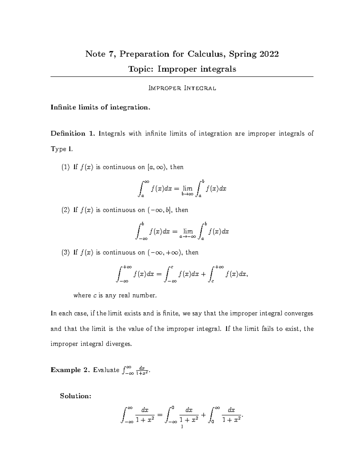 Note7 - Improper integrals - Note 7, Preparation for Calculus, Spring ...
