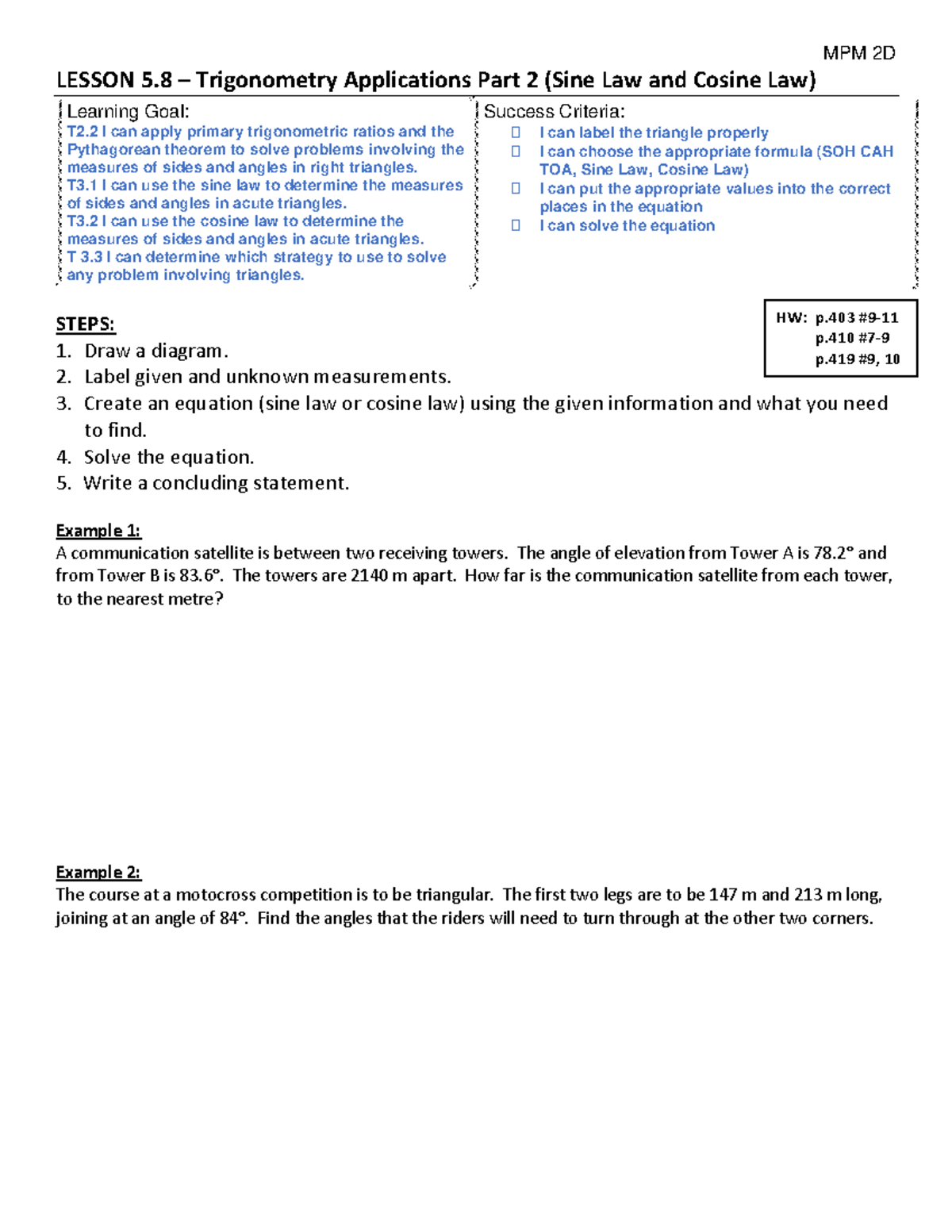 5.8 - Trigonometry Applications Part 2 (Sine Law and Cosine Law) - MPM ...