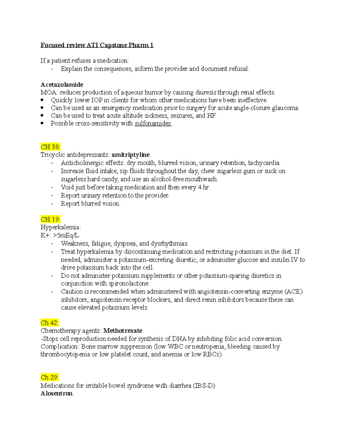 Focused review ATI Capstone Pharm 1 - Acetazolamide MOA: reduces ...