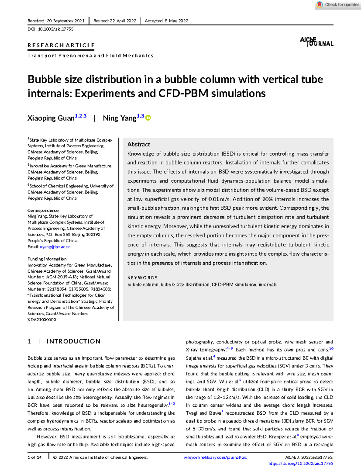 Aich E Journal 2022 Guan Bubble Size Distribution In A Bubble Column With Vertical Tube