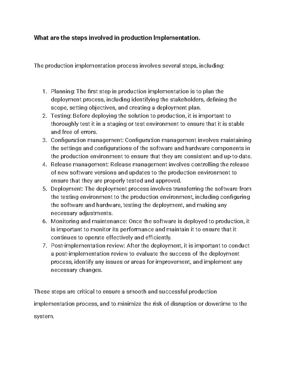 What are the steps involved in production Implementation - The ...