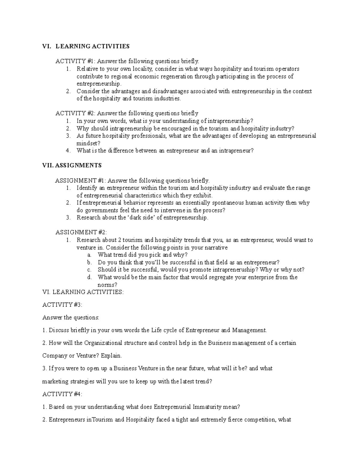 Learning Activities IN Entrepereneurship VI ACTIVITIES ACTIVITY 1