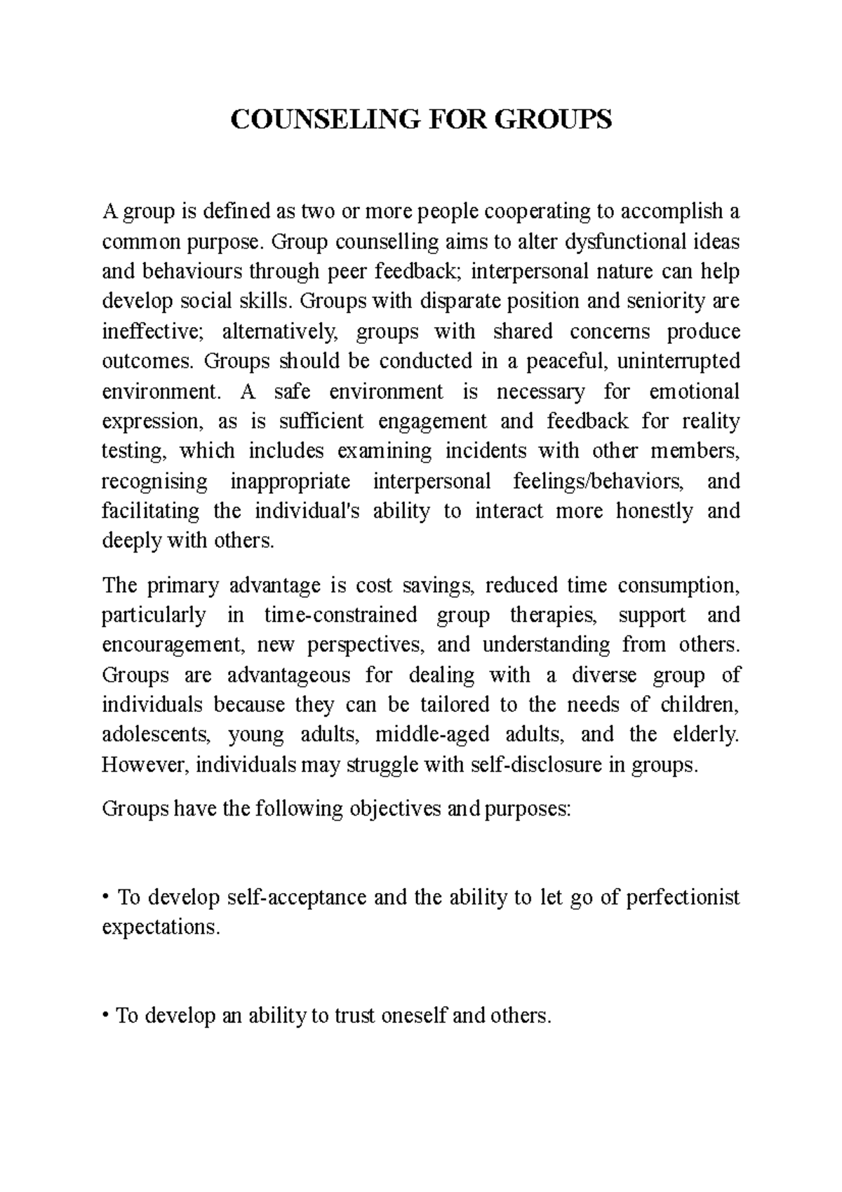 Counseling FOR Groups - Lecture notes 4 - COUNSELING FOR GROUPS A group ...