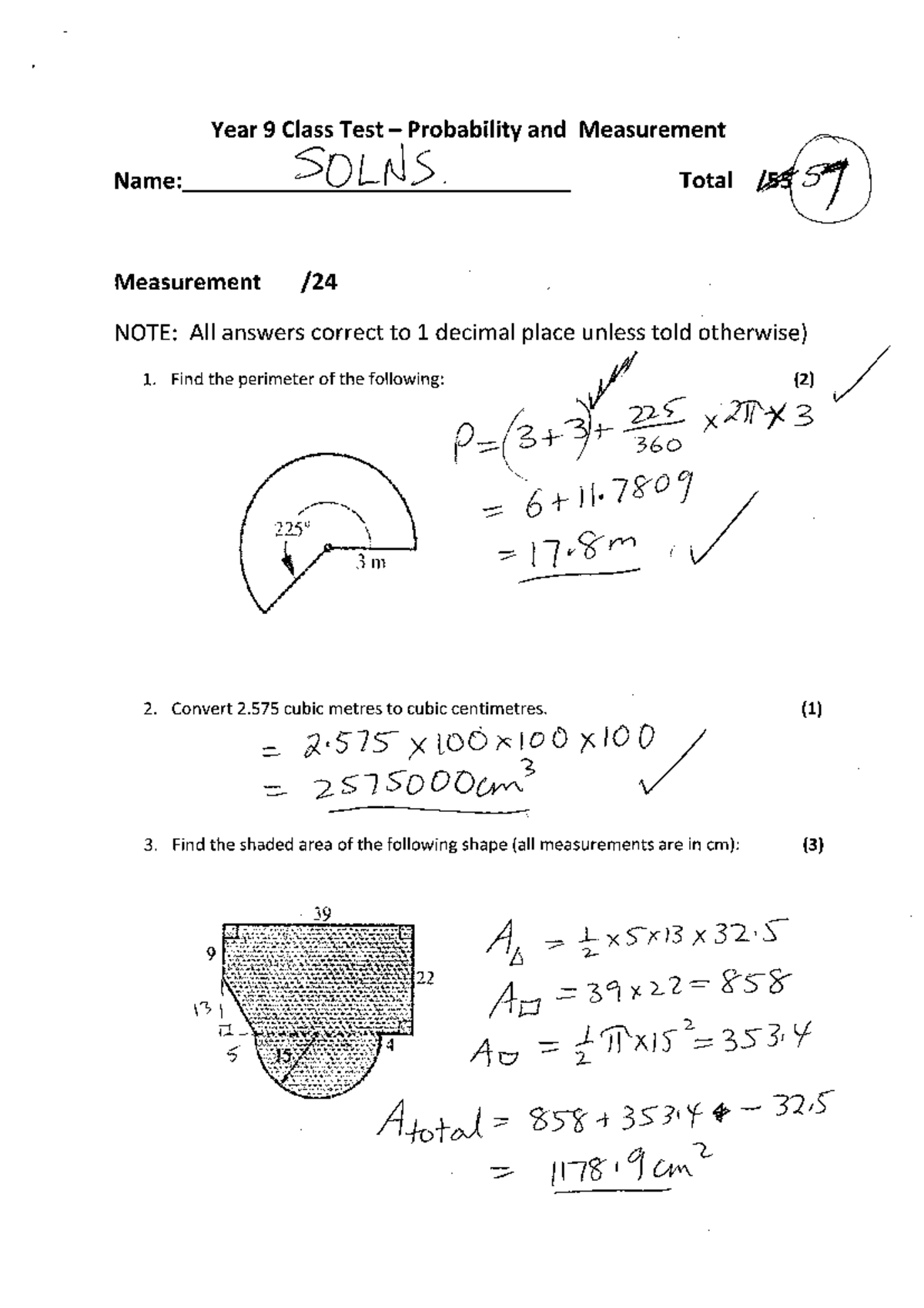 Solns Class Test Measurement and Probability - Year 9 Class Test ...