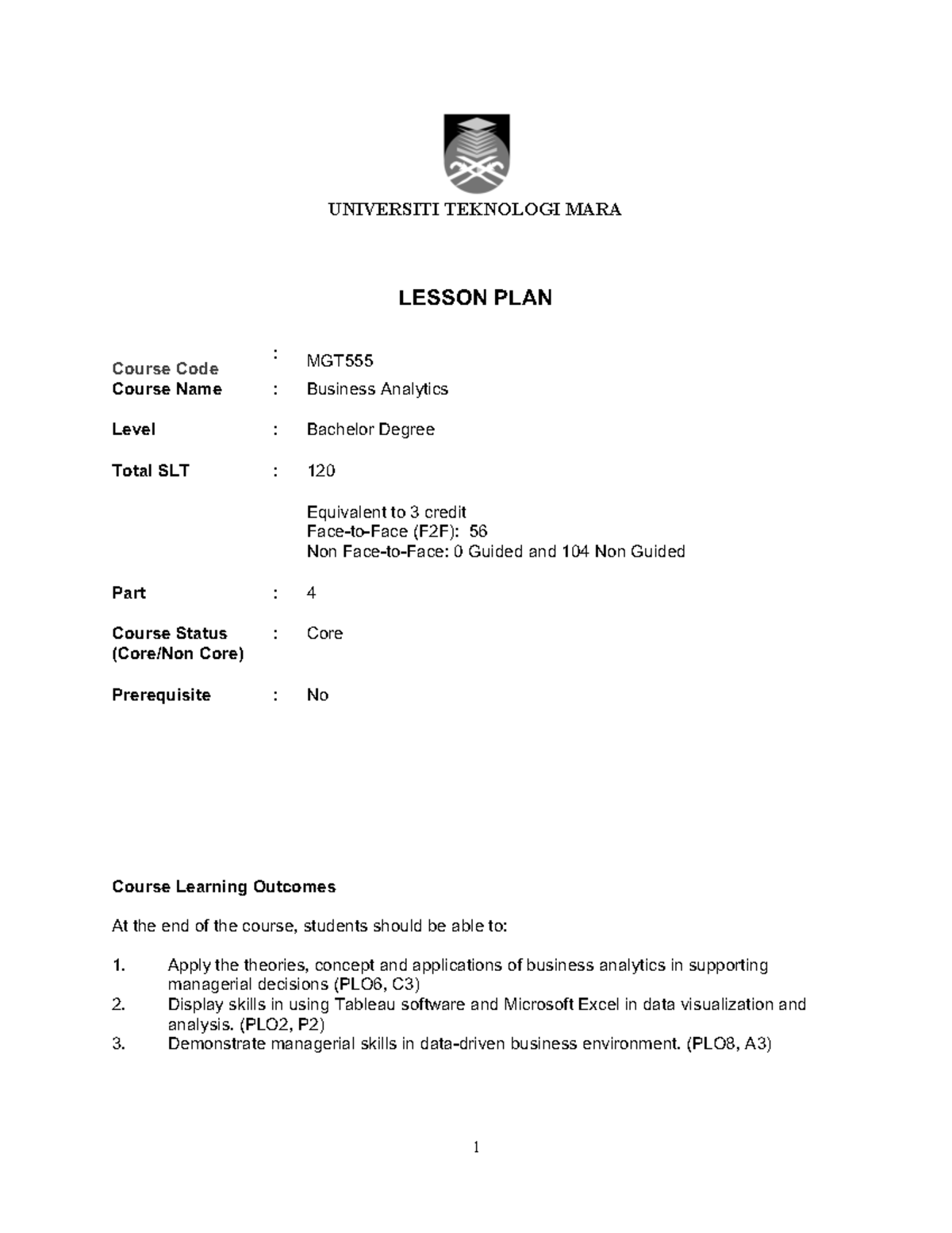 Lesson plan - UNIVERSITI TEKNOLOGI MARA LESSON PLAN Course Code : MGT ...