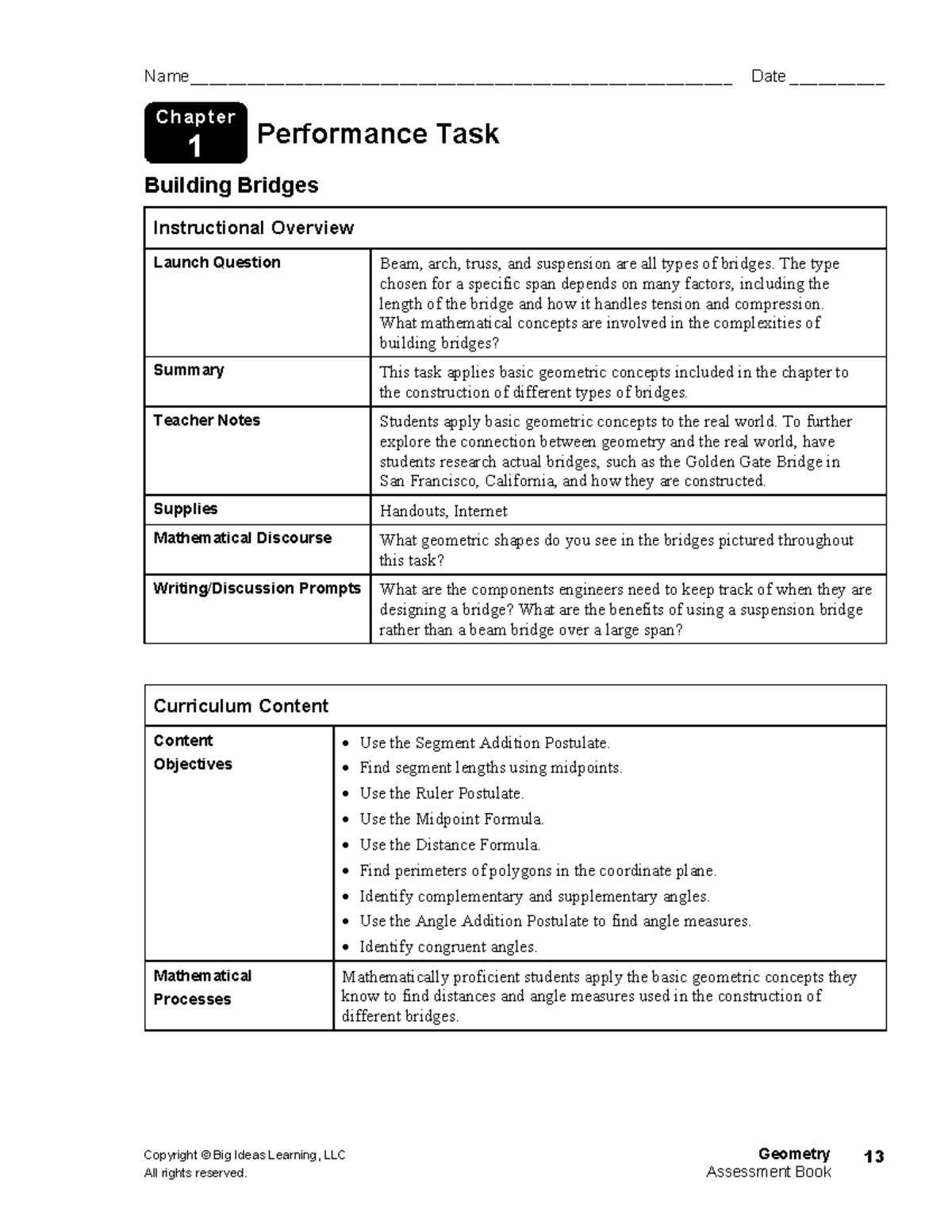 Geo assessment ch-1-performance - Copyright © Big Ideas Learning, LLC ...