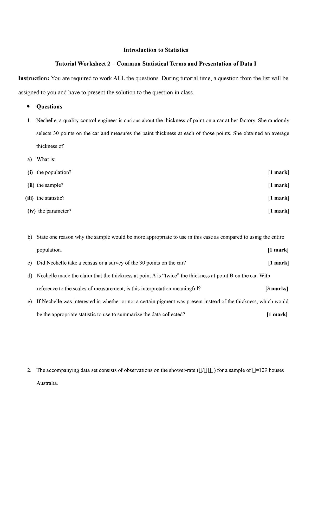 Tutorial Worksheet 3 - Introduction to Statistics Tutorial Worksheet 2 ...