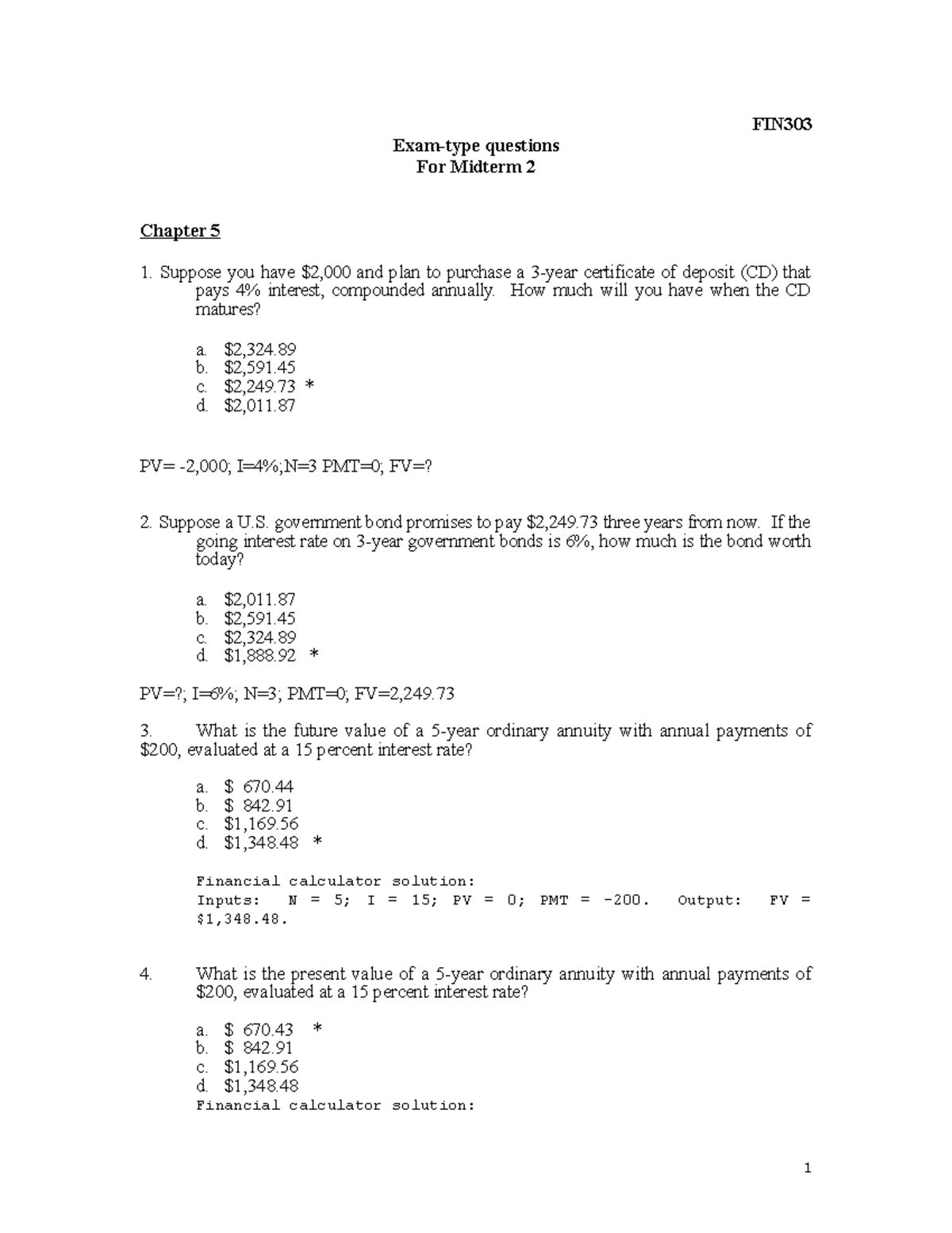 FIN303 Exam practice 2 - FIN Exam-type questions For Midterm 2 Chapter ...