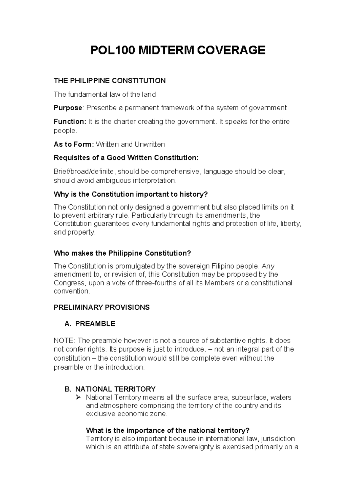 POL 100 Midterm Coverage - POL100 MIDTERM COVERAGE THE PHILIPPINE CONSTITUTION The fundamental ...