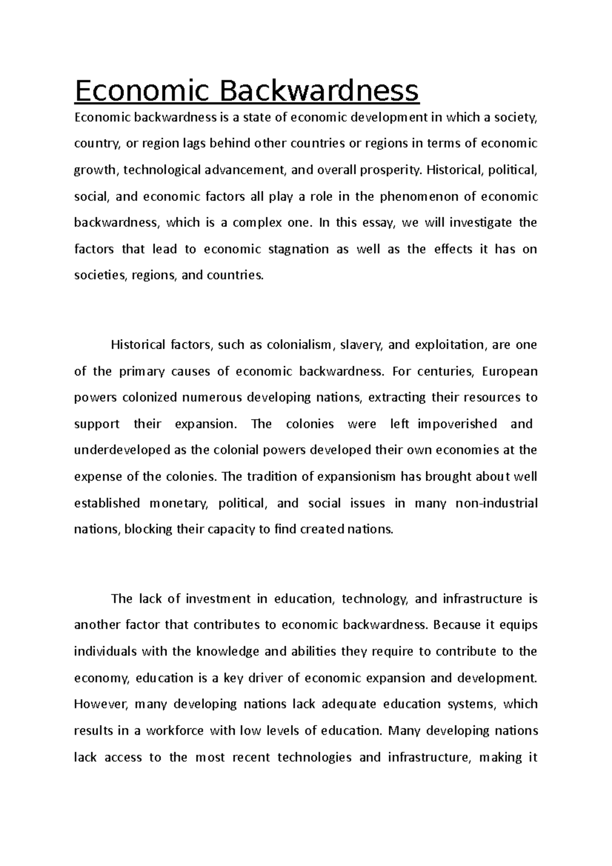 Economic Backwardness - Economic Backwardness Economic backwardness is ...