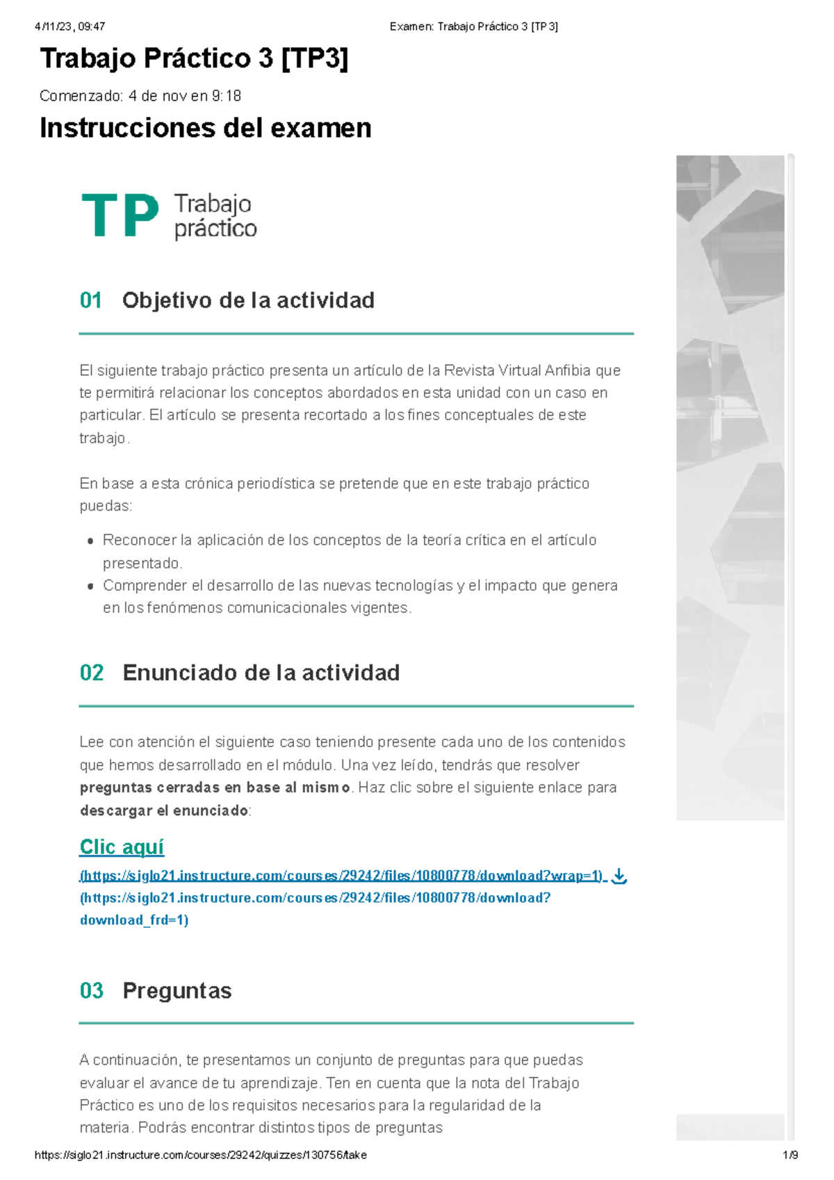 Examen Trabajo Práctico 3 [TP3]90% - Trabajo Práctico 3 [TP3] Comenzado: 4 de nov en 9: - Studocu