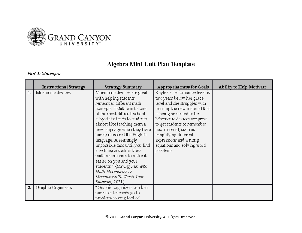 SPD-470-D-T7-Algebra Unit Plan BAR Template - Algebra Mini-Unit Plan ...