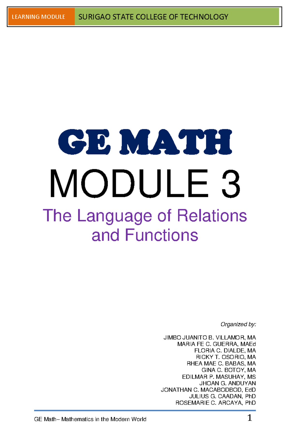 GE-Math Learning-Module-3 AY-2021-2022 - GE MATH MODULE 3 The Language of Relations and ...