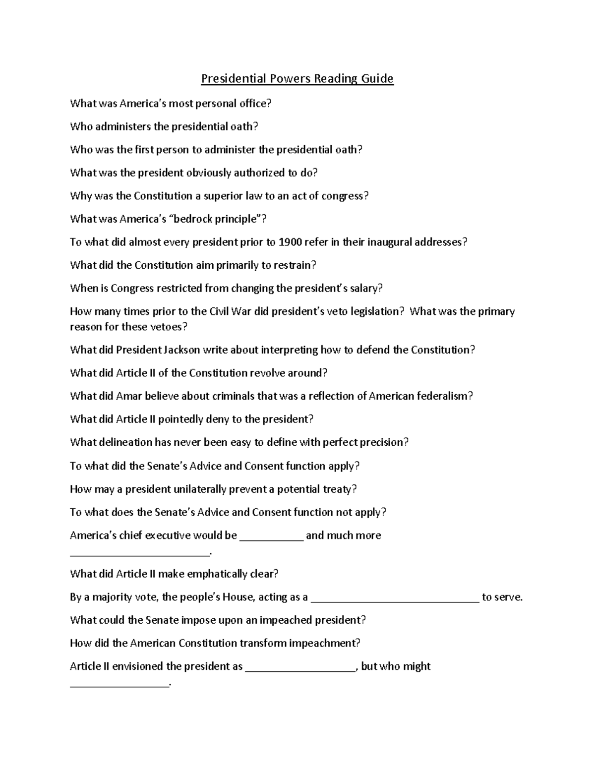 Presidential Powers Reading Guide - What did Article II make ...