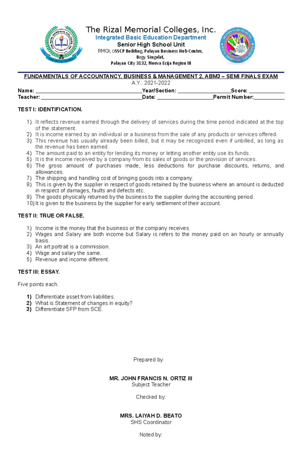 TQ-ABM 3 Exam - Humanities test test question and table of ...