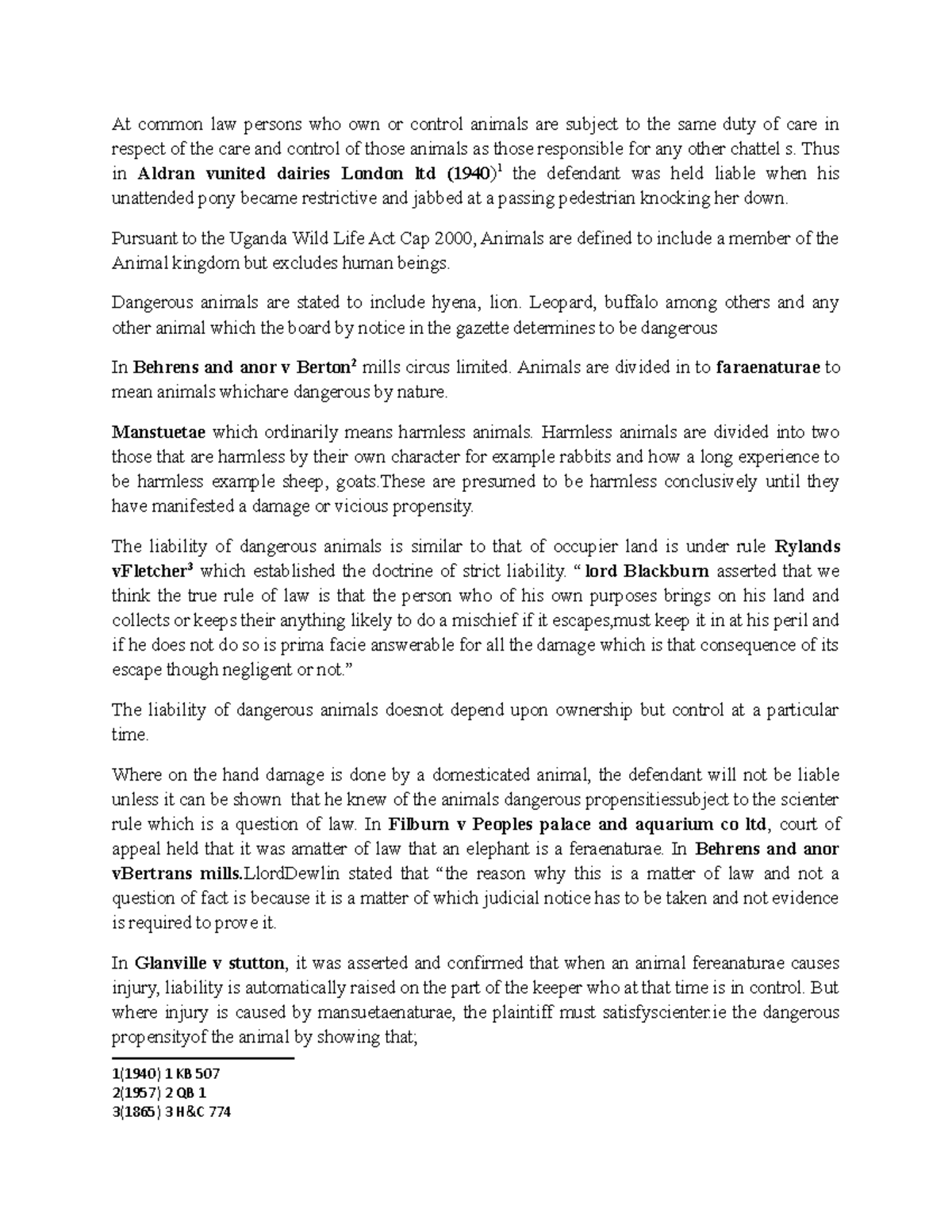 Animal Liability docx - At common law persons who own or control ...