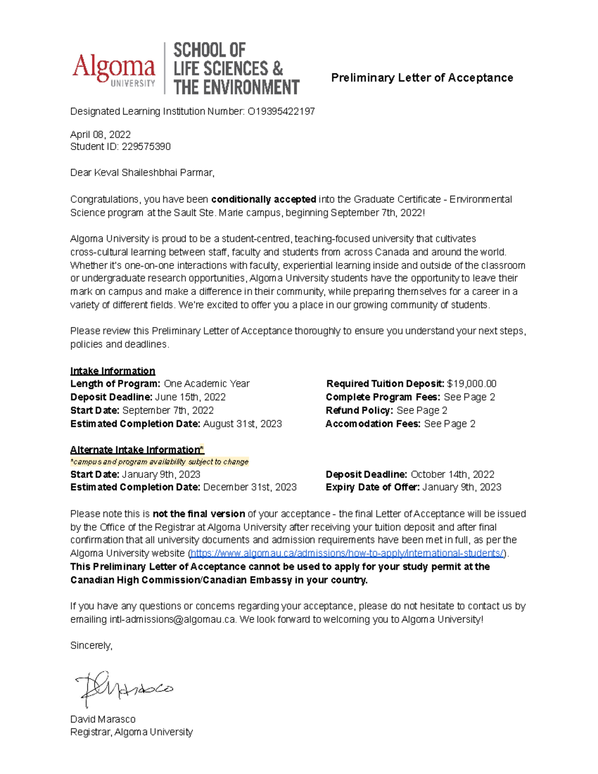 Algoma Offer Letter Keval Parmar - Preliminary Letter of Acceptance ...