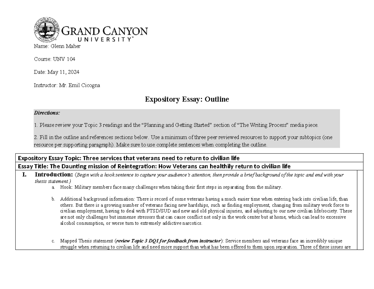 UNV-104-RS-T3-Expository Essay Outline - Maher - Name: Glenn Maher ...