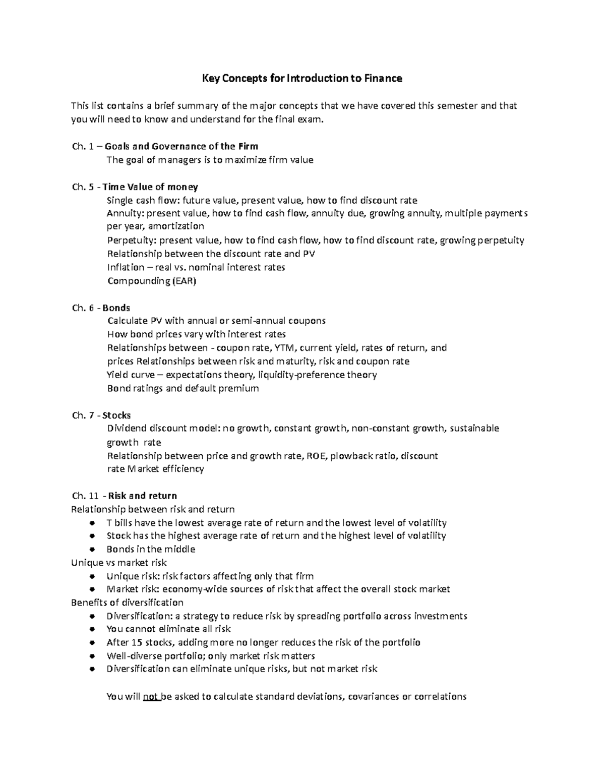 Key Concepts Final - Key Concepts for Introduction to Finance This list ...