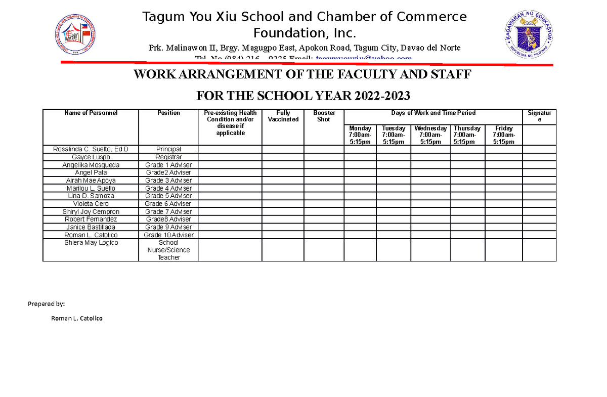 WORK Arrangement OF THE Faculty AND Staff - WORK ARRANGEMENT OF THE ...