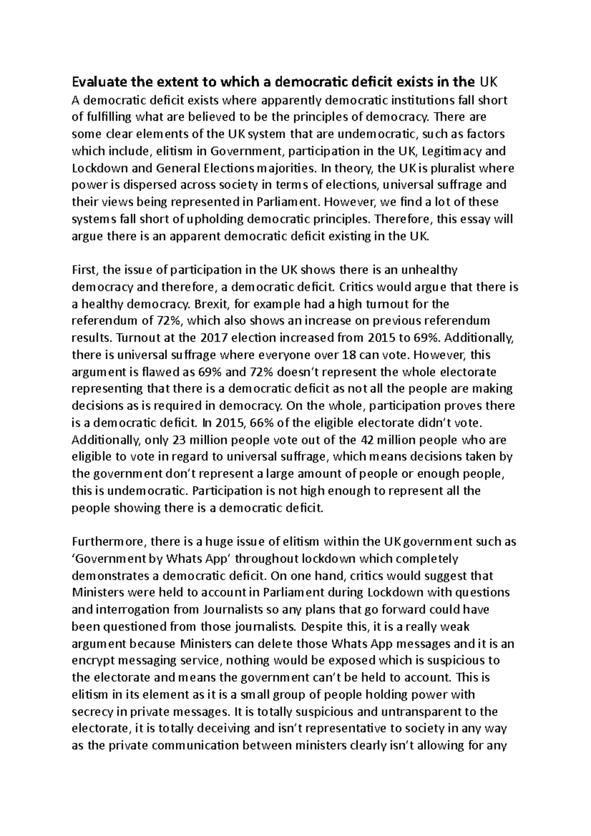 Democratic defecit extend - Evaluate the extent to which a democratic ...