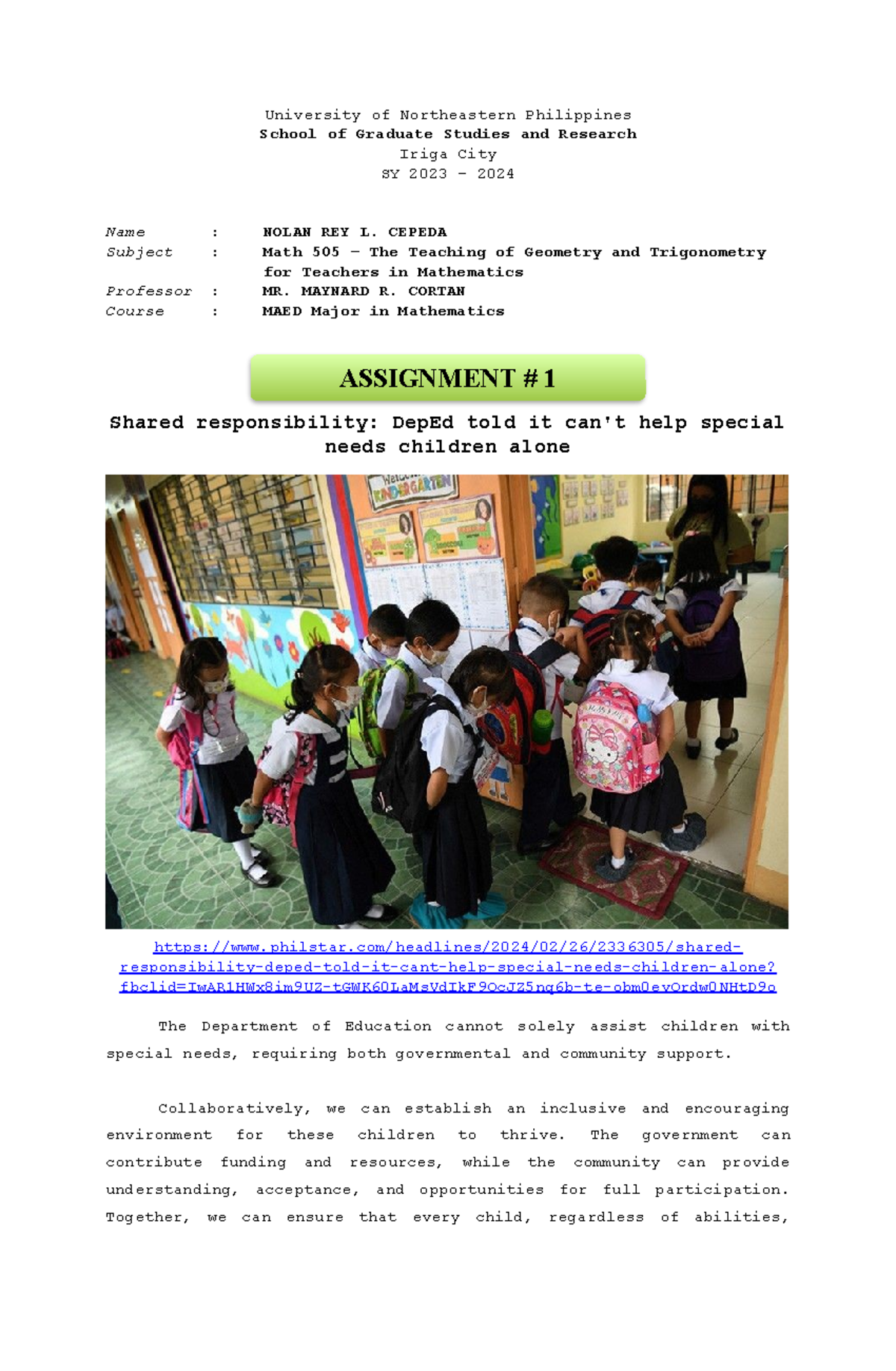 Math 505 Assignment # 1 - Reflection paper on VMG - University of ...