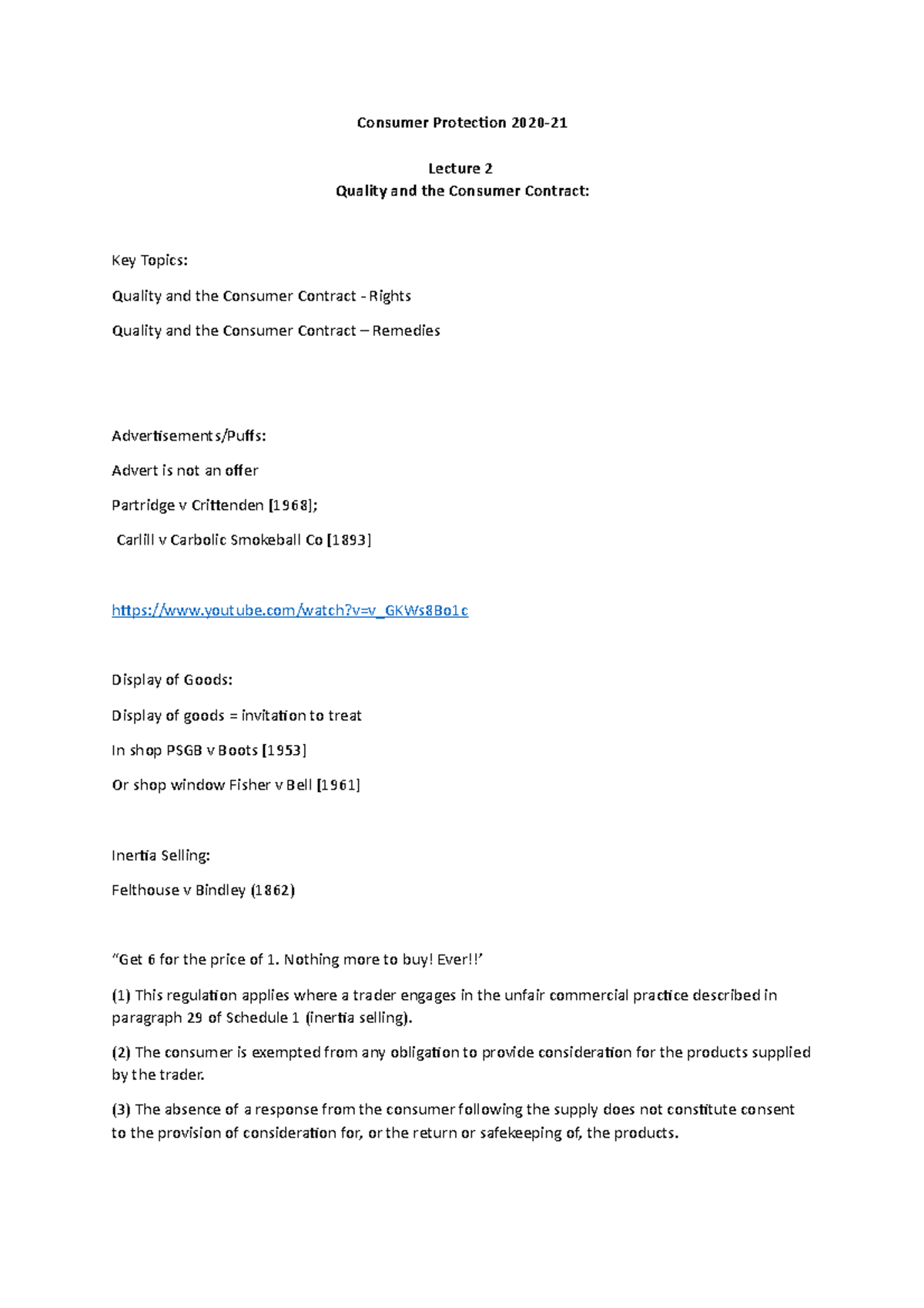 Consumer Protection 2022 - Consumer Protection 2020- Lecture 2 Quality ...