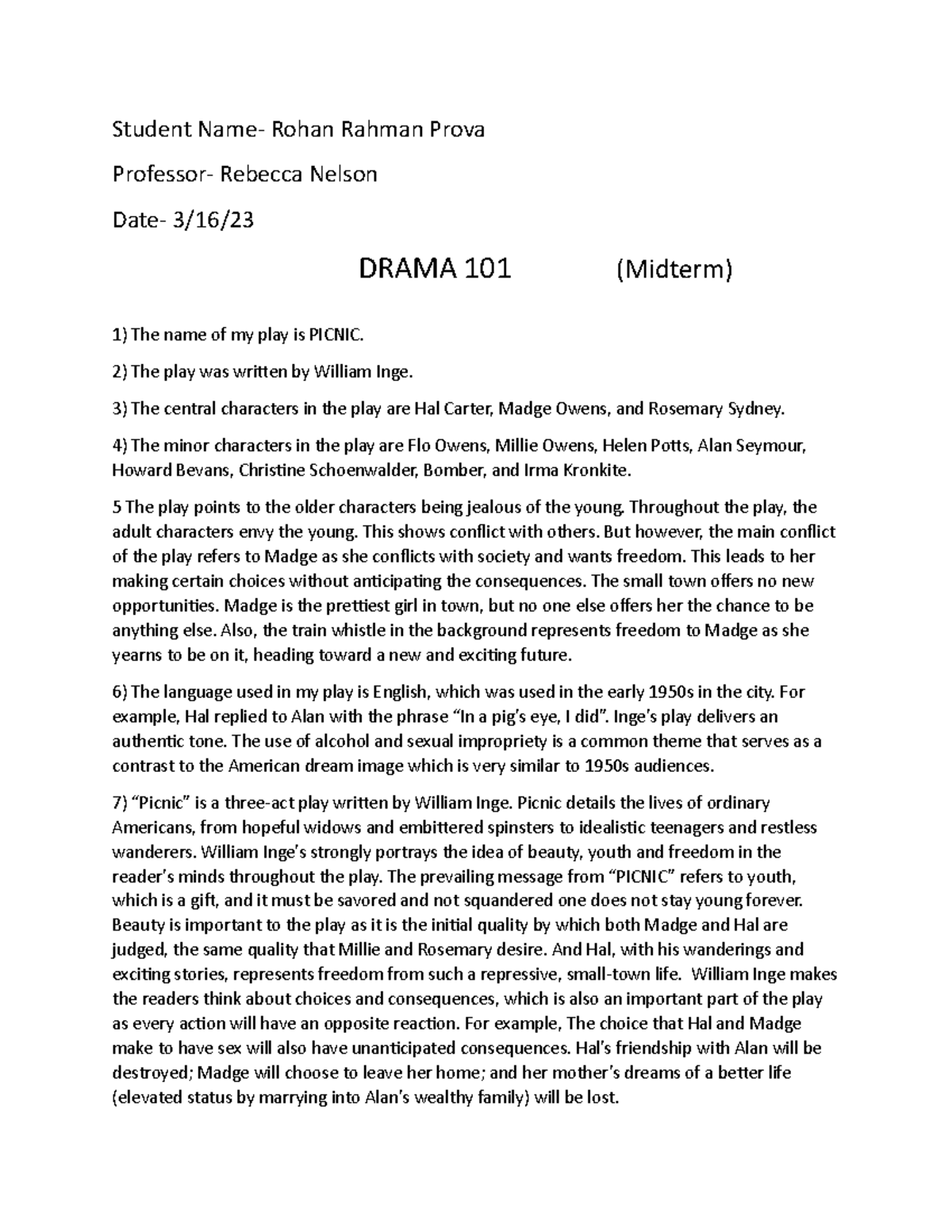 Drama 101 Mid term - Its a self relfection from a play - Student Name ...