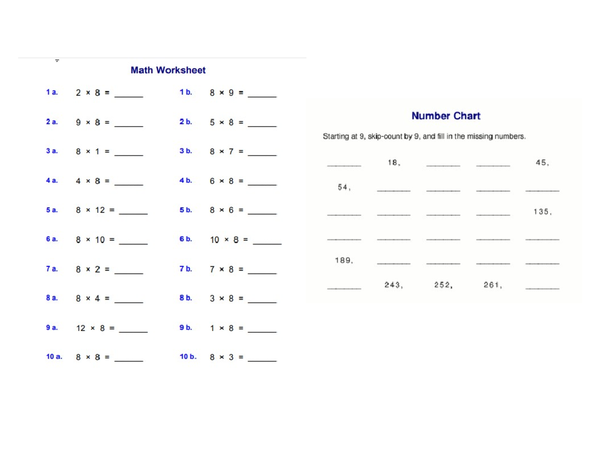 Multiplication worksheet - Math Worksheet 1 a. 2 x 8 = 1 b. 8 x 9 ...