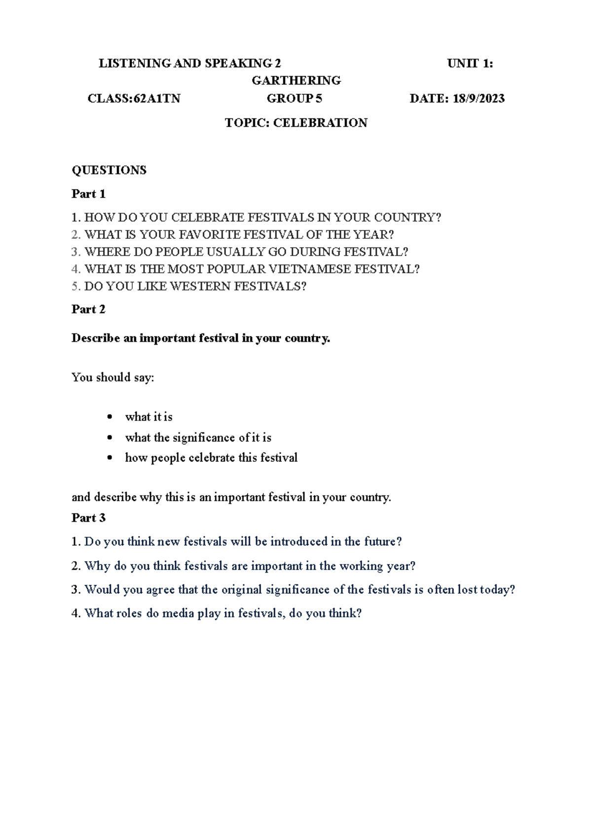 IELTS Speaking Celebration - LISTENING AND SPEAKING 2 UNIT 1 ...