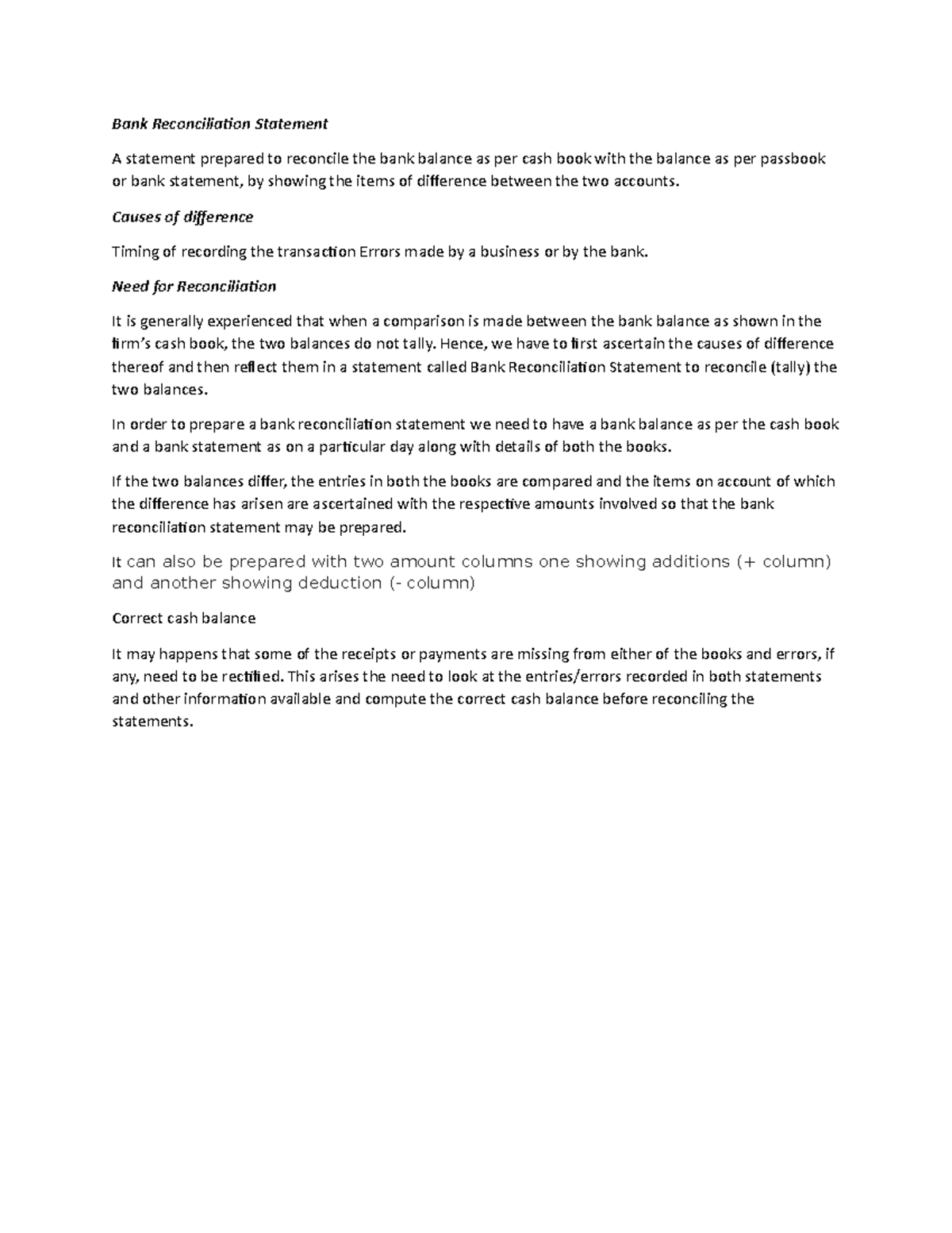 Document - Accounting , Treatment,Terms - Bank Reconciliation Statement ...