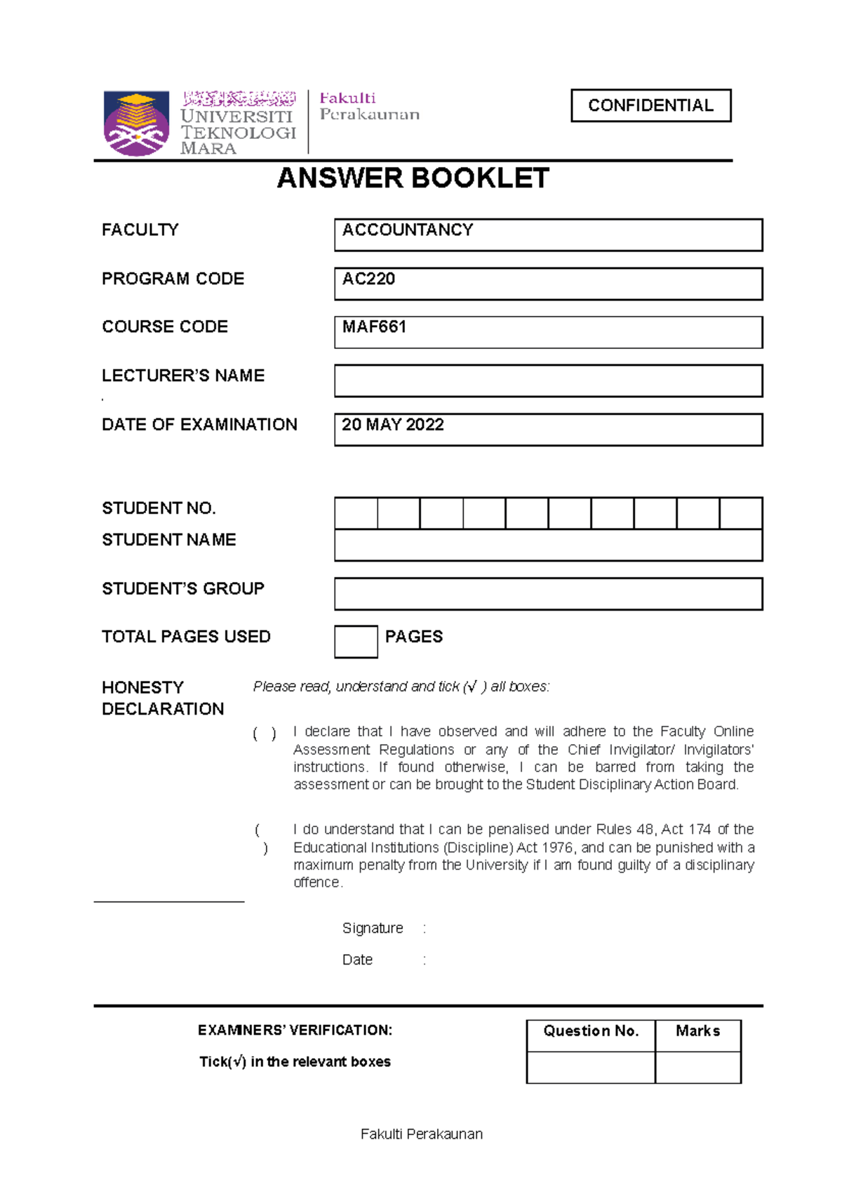 MAF661 TEST Front page answer - ANSWER BOOKLET FACULTY ACCOUNTANCY ...