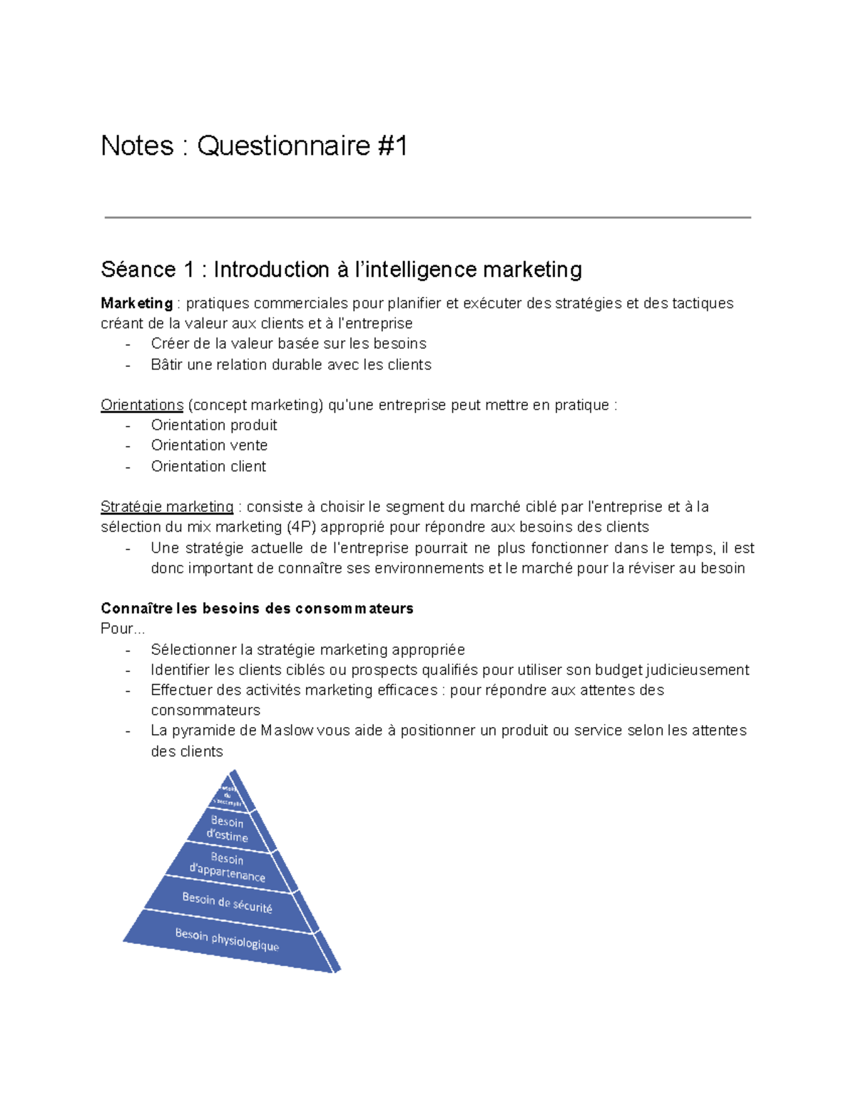 Notes Questionnaire #1 - Notes : Questionnaire Séance 1 : Introduction ...