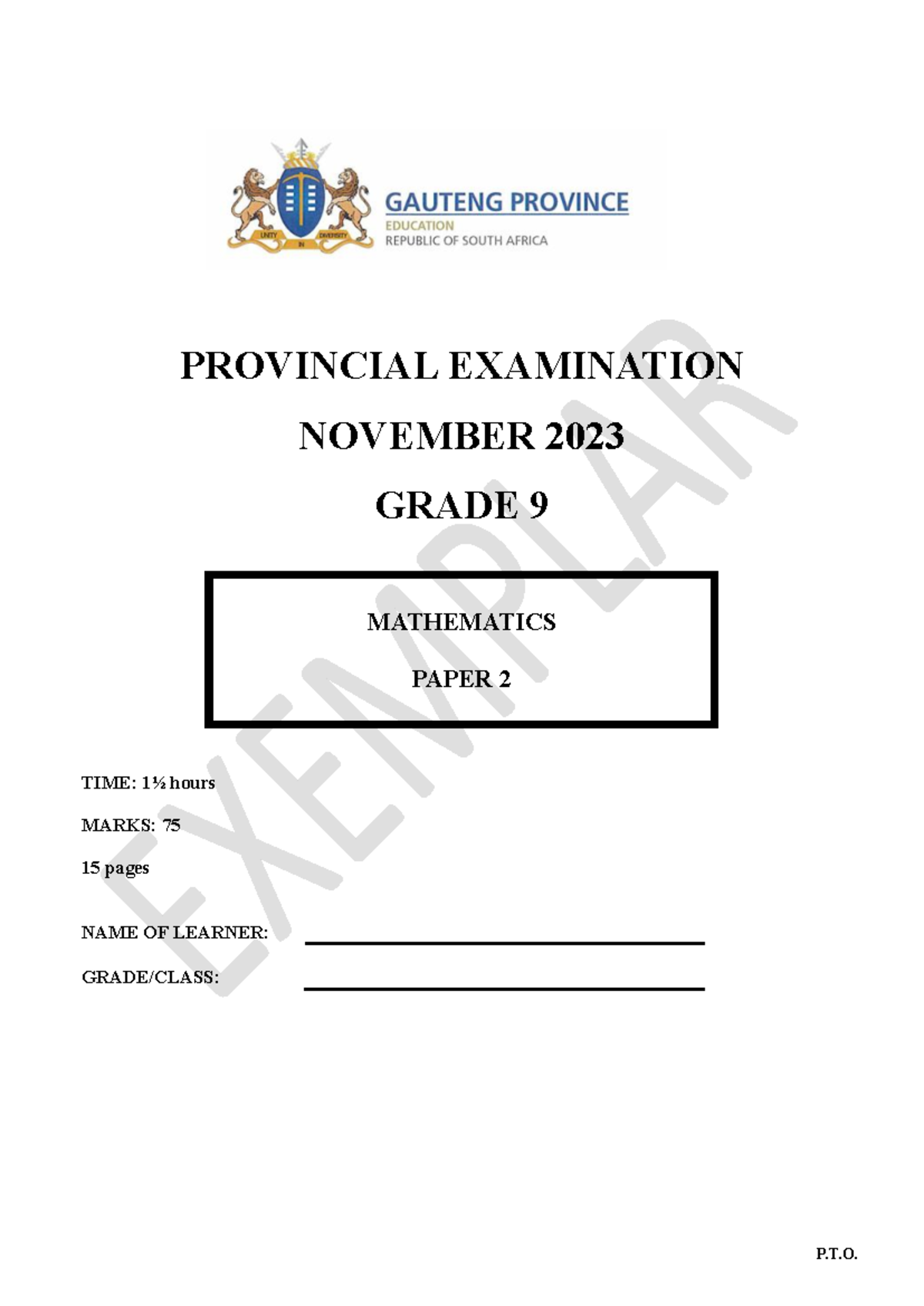 Gr 9 Mathematics P2 (English) 2023 Question Paper - PROVINCIAL EXAMINATION NOVEMBER 2023 GRADE 9 ...