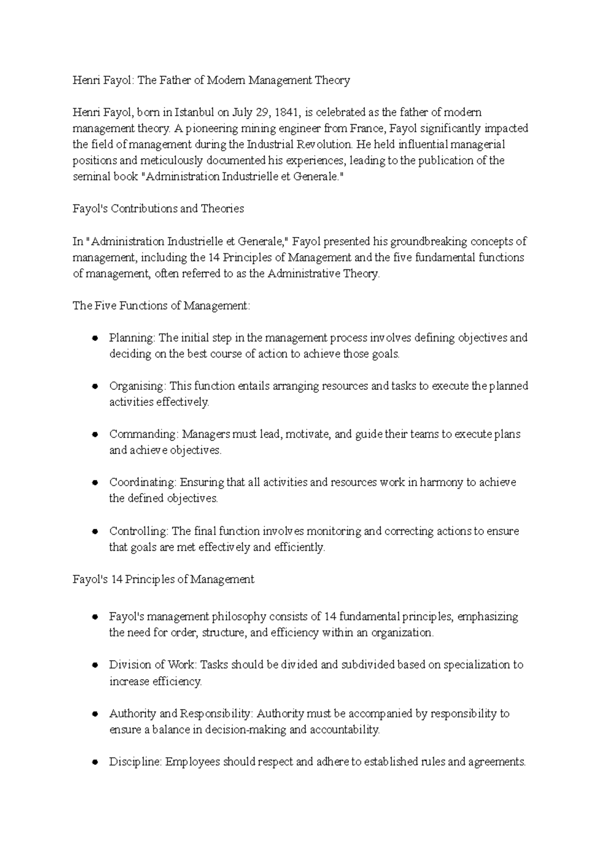 Study Sheet Henri Fayol - Henri Fayol: The Father of Modern Management ...